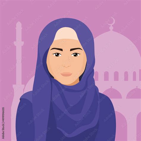 Islamic Girl Wearing Traditional Clothing Mosque Silhouette Flat