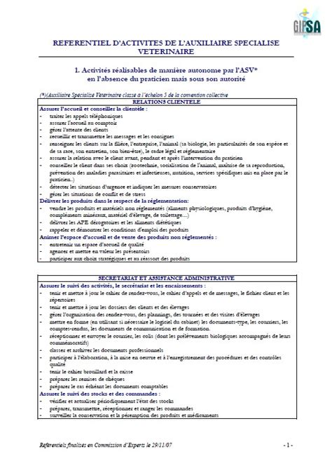 Formation initiale Référentiel des tâches demandées à l ASV et