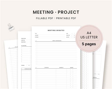 Meeting Notes Project Planner Printable And Fillable PDF Meeting Minutes Productivity