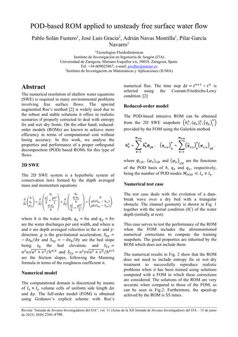 Pdf Pod Based Rom Applied To Unsteady Free Surface Water Flow
