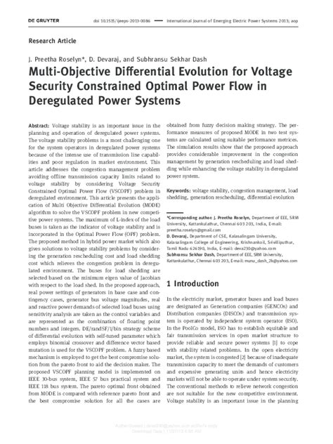 Pdf Multi Objective Differential Evolution For Voltage Security