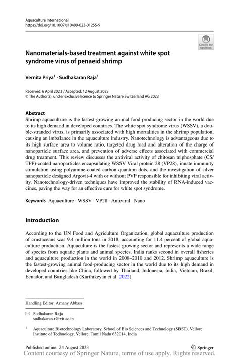 Nanomaterials Based Treatment Against White Spot Syndrome Virus Of