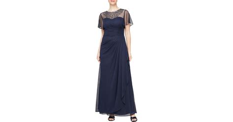 Alex Evenings Beaded Illusion Neck Flutter Sleeve A Line Gown In Blue