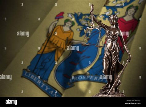 New Jersey Us State Flag With Statue Of Lady Justice And Judicial