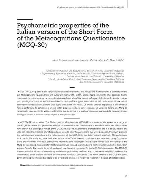 Pdf Psychometric Properties Of The Italian Version Of The Short Form Of The Metacognitions