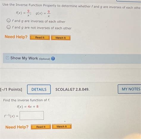 solved use the inverse function property to determine