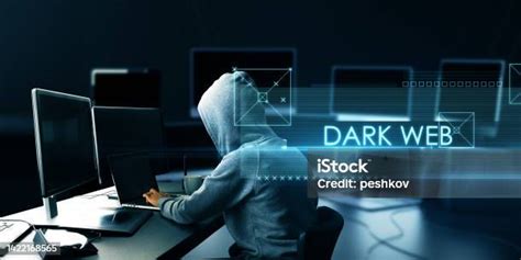 Abstract Dark Web Text Over Side View Of Hacker At Desk Using Computers On Blurry Background