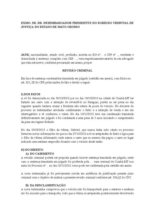 Revisão Criminal Modelo Exmo Sr Dr Desembargador Presidente Do