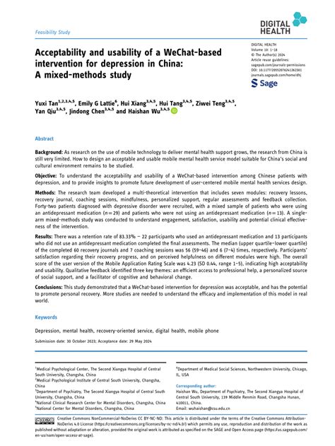 Pdf Acceptability And Usability Of A Wechat Based Intervention For Depression In China A