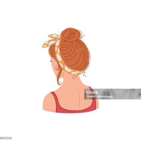 벡터 격리 소녀의 예쁜 헤어스타일 그림 주황색 머리를 끌어올려 허리에 묶은 여자 뒷모습 어깨에 대한 스톡 벡터 아트 및 기타