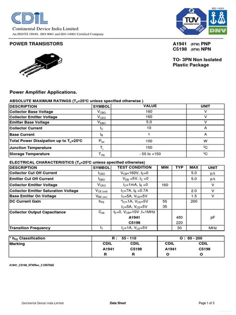 C5198 Transistor Datasheet Pdf Bipolar Junction Transistor Electrical Engineering