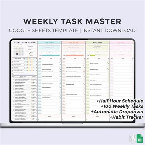 Weekly Task Master Google Sheets Template Daily Checklist Weekly To Do List Weekly Planner Sprea