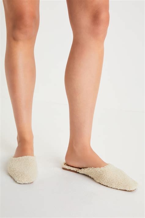 Beige Faux Fur Mules Chic Mule Slides Square Toe Slides Lulus