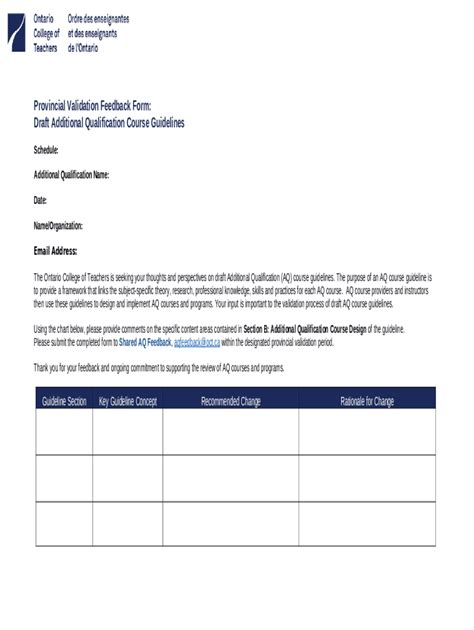 Provincial Validation Feedback Draft Additional Qualification Course Guidelines Doc Template