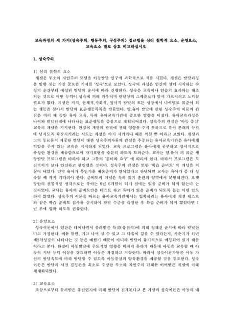 보육과정의 세 가지성숙주의 행동주의 구성주의 접근법을 심리 철학적 요소 운영요소 교육요소 별로 상호 비교 사회과학