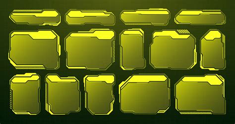 노란색 미래 지향적 Hud Ui 요소 공상 과학 사용자 인터페이스 텍스트 상자 설명선 경고 메시지 프레임 정보 상자 템플릿입니다