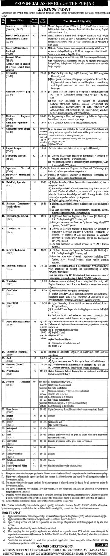 Punjab Assembly Jobs 2022 Apply Online Through Ots Roll No Slip Result