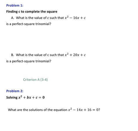 Solved Problem 1 Finding C To Complete The Square A What Is The