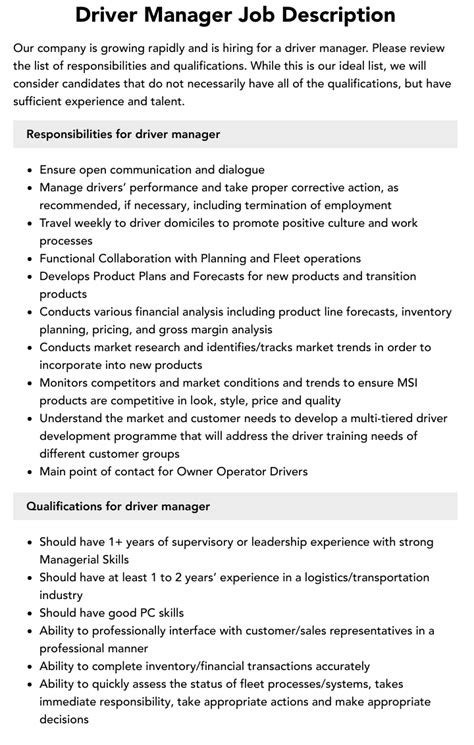 Driver Manager Job Description Velvet Jobs