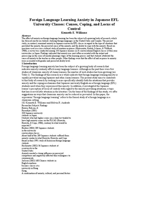 Foreign Language Learning Anxiety In Japanese Efl Pdf English As A Second Or Foreign