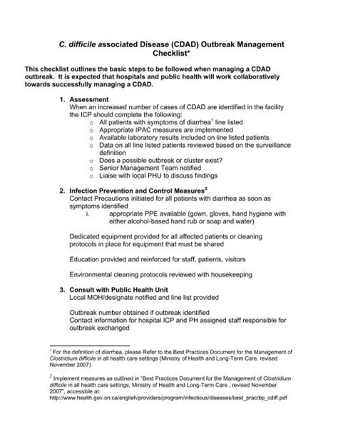 Outbreak Management Checklist Ontario Hospital Association
