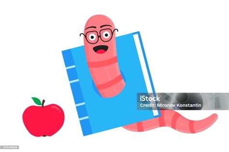 흰색 배경에 고립 된 책과 안경 벡터 일러스트와 만화 스타일의 지렁이 안경을 쓴 재미있는 벌레가 책을 읽습니다 가공의 인물에