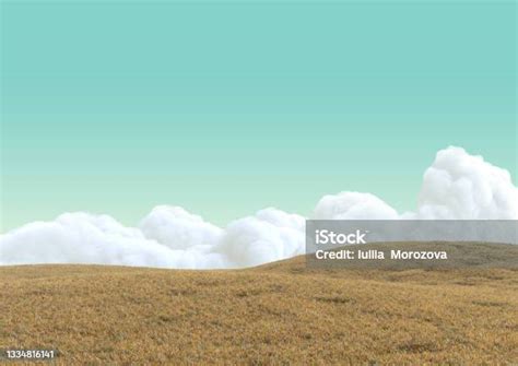 구름과 푸른 하늘에 현실적인 마른 잔디 언덕 아름다운 자연 경관 밝은 3d 일러스트레이션 0명에 대한 스톡 사진 및 기타 이미지 Istock