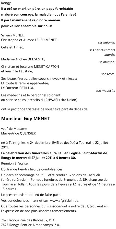 Avis De Décès De Guy Menet Décédé Le 22 07 2011 à Tournai Annonce Condoléances Fleurs Etc