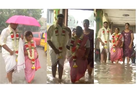 கொட்டும் மழையில் நனைந்து குடைப்பிடித்து சென்ற புதுமணத்தம்பதி