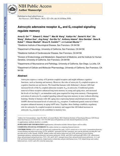 Pdf Astrocytic Adenosine Receptor A2a And Gs Coupled Signaling Regulate Memory