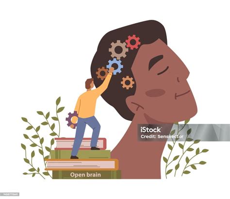 정신 건강 관리 및 마음 챙김 인식 및 명상 연습 기어와 퍼즐 장식 단풍과 고립 된 머리 플랫 스타일의 벡터 사색에 대한 스톡