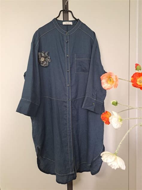 네이비 린넨 헨리넥 스티치 장식 박시핏 롱 블라우스 세컨웨어헬로마켓