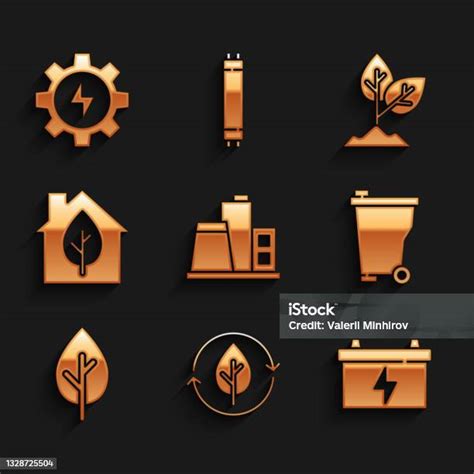 세트 팩토리 재활용 및 잎 자동차 배터리 쓰레기 통 나무 환경 친화적 인 집 식물 및 기어 번개 아이콘 벡터 0명에 대한 스톡 벡터 아트 및 기타 이미지 Istock