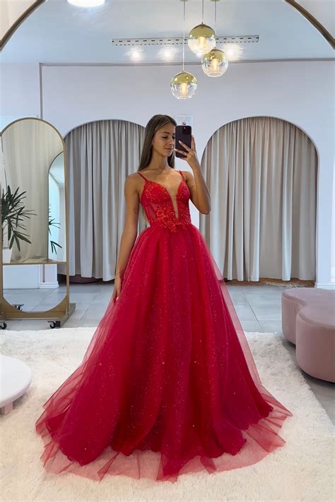 Dark Red V Neck Tulle Spaghetti Strap Long Prom Dress With Lace