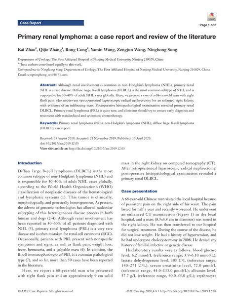 Pdf Primary Renal Lymphoma A Case Report And Review Of The Literature