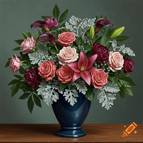 Vase Floral Centerpiece With Roses Lilies And Dusty Miller On Craiyon
