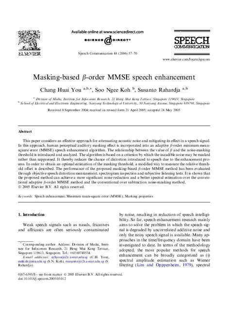 Pdf Masking Based β Order Mmse Speech Enhancement Soo N Koh