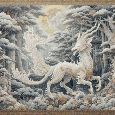 Majestic White Kirin In Fantasy White Forest Illustration Art