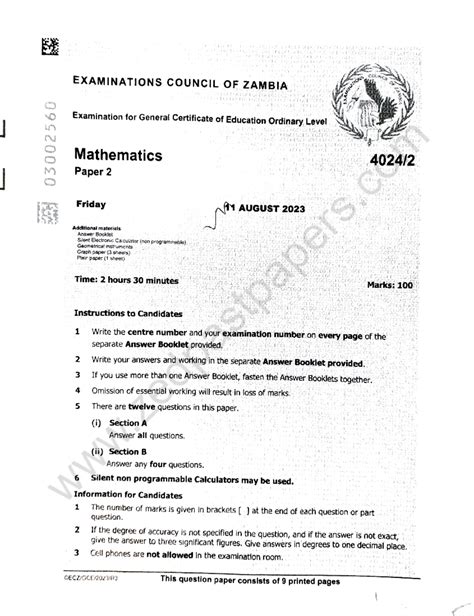 G12 Maths P2 2023 Gce 03002560 Examinations Council Of Zambia