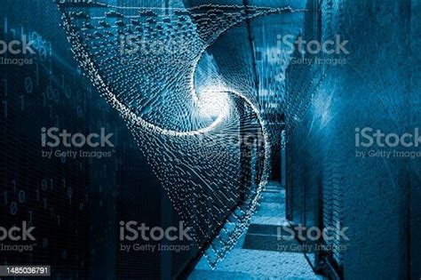 3d는 데이터 센터 서버의 배경에 대해 디지털 스트림의 추상적인 흡연을 렌더링합니다 정보 기술의 개념 가상현실에 대한 스톡 사진