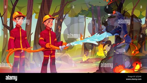 Cartoon Firemen Extinguishing Wildfire Vector Design Of Brave