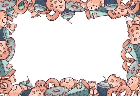 벡터 낙서 그림입니다 배경과 엽서를 장식하는 재미있는 수평 프레임 다양한 간식 페이스트리 크루아상 도넛 머핀 스트로크와 귀여운