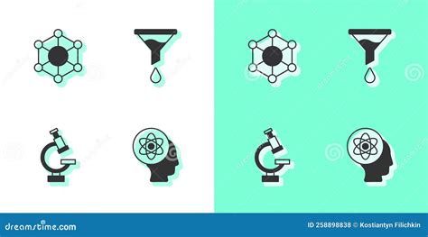 Set Atom Molecule Microscope And Funnel Or Filter Icon Vector Stock