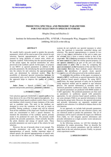 Pdf Predicting Spectral And Prosodic Parameters For Unit Selection In Speech Synthesis
