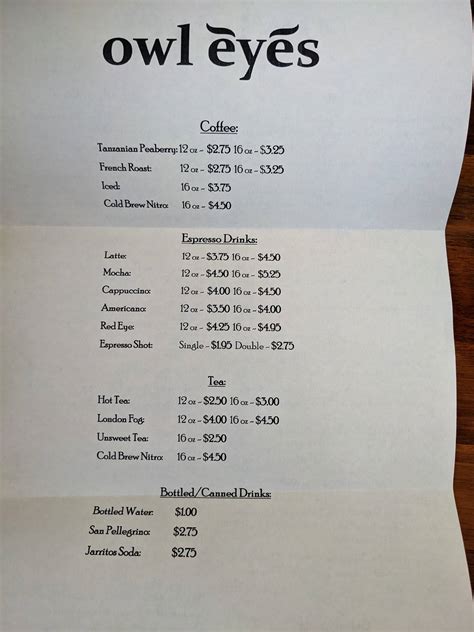 Menu At Owl Eyes Cafe Buffalo