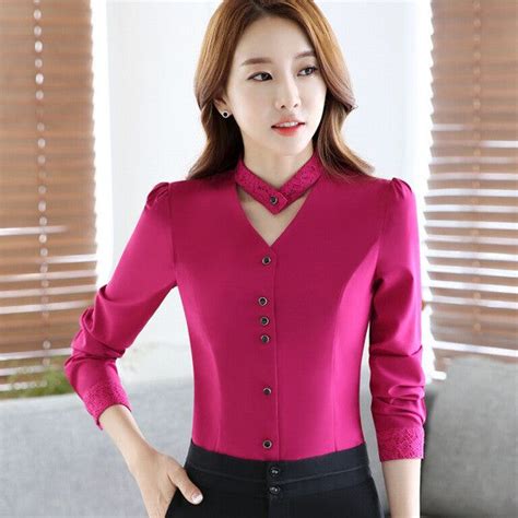 2017 New Slim Formal Long Sleeve Women Shirt Ol Autumn Elegant V Neck