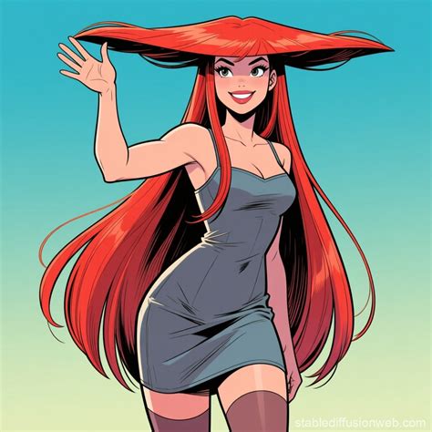 2000s Comic Illustration Of Almost Super Long Straight Hair Redhead