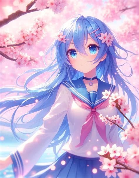 Anime Girl With Cherry Blossoms Springtime Concept Stock Illustration