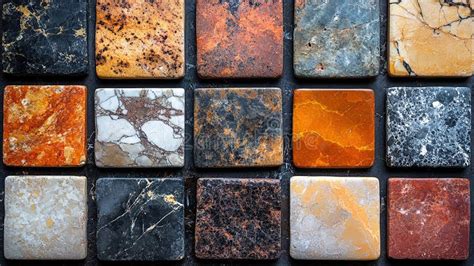 Collection Of Various Marble Stone Samples In Square Tiles Stock
