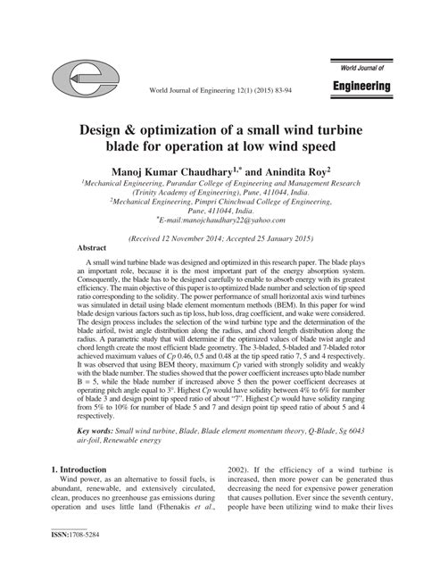 PDF Design Optimization Of A Small Wind Turbine Blade For Operation At Low Wind Speed